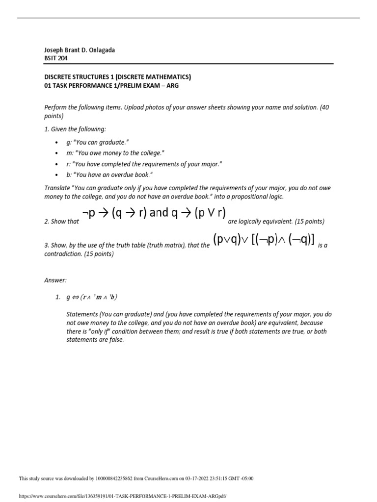 01 Task Performance 1 Prelim Exam Arg Download Free Pdf Truth Logic