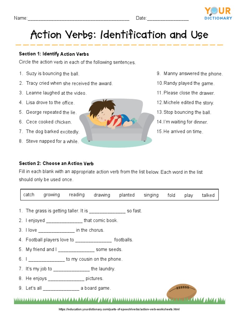 Action Verbs Identification Use Worksheet | PDF
