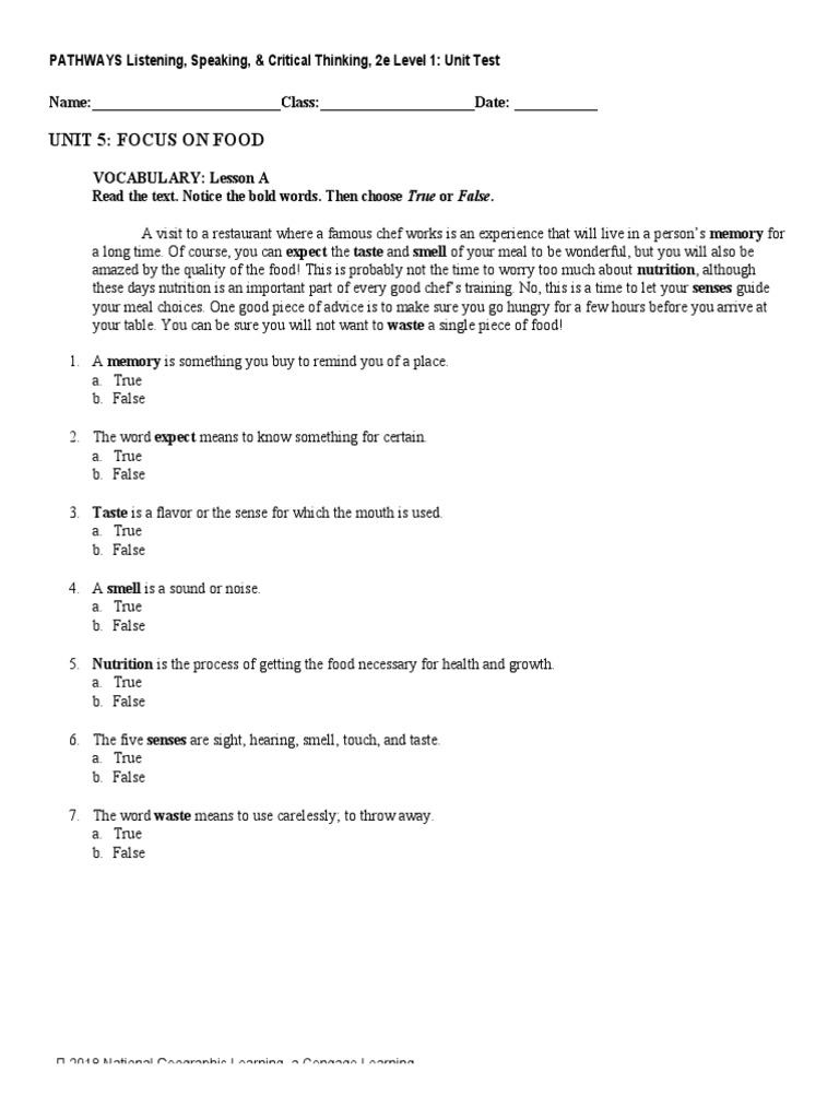 Pathways Ls1 2e U5 Test 1 | PDF | Senses