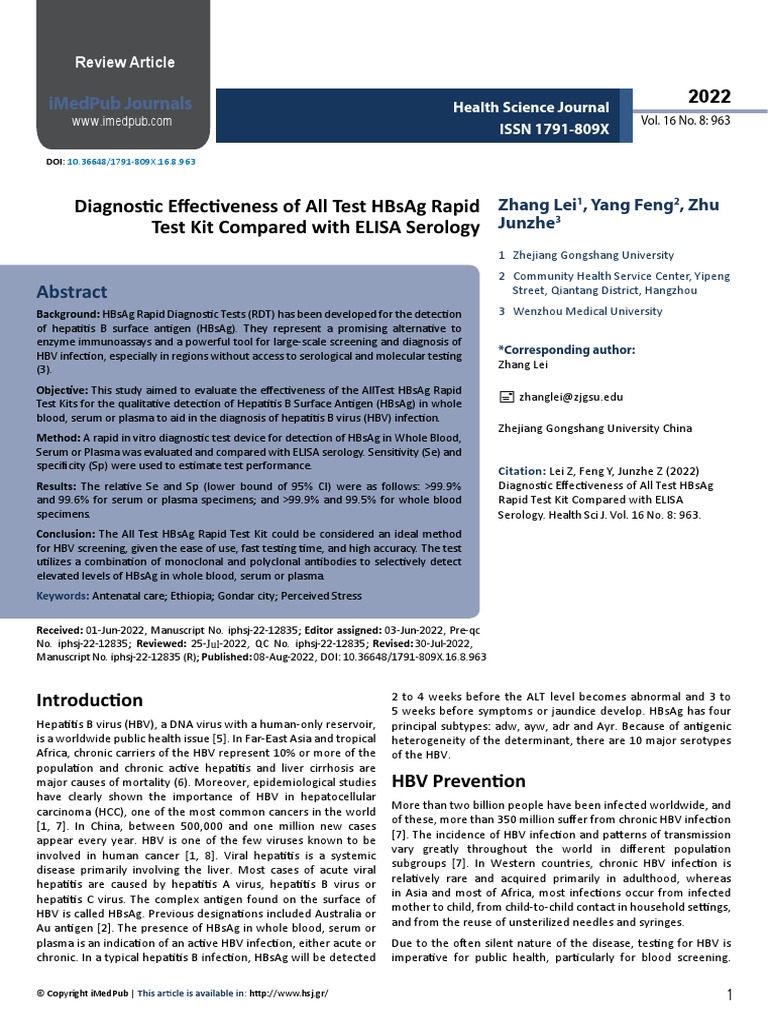 Diagnostic Effectiveness of All Test Hbsag Rapid Test Kit Compared With ...