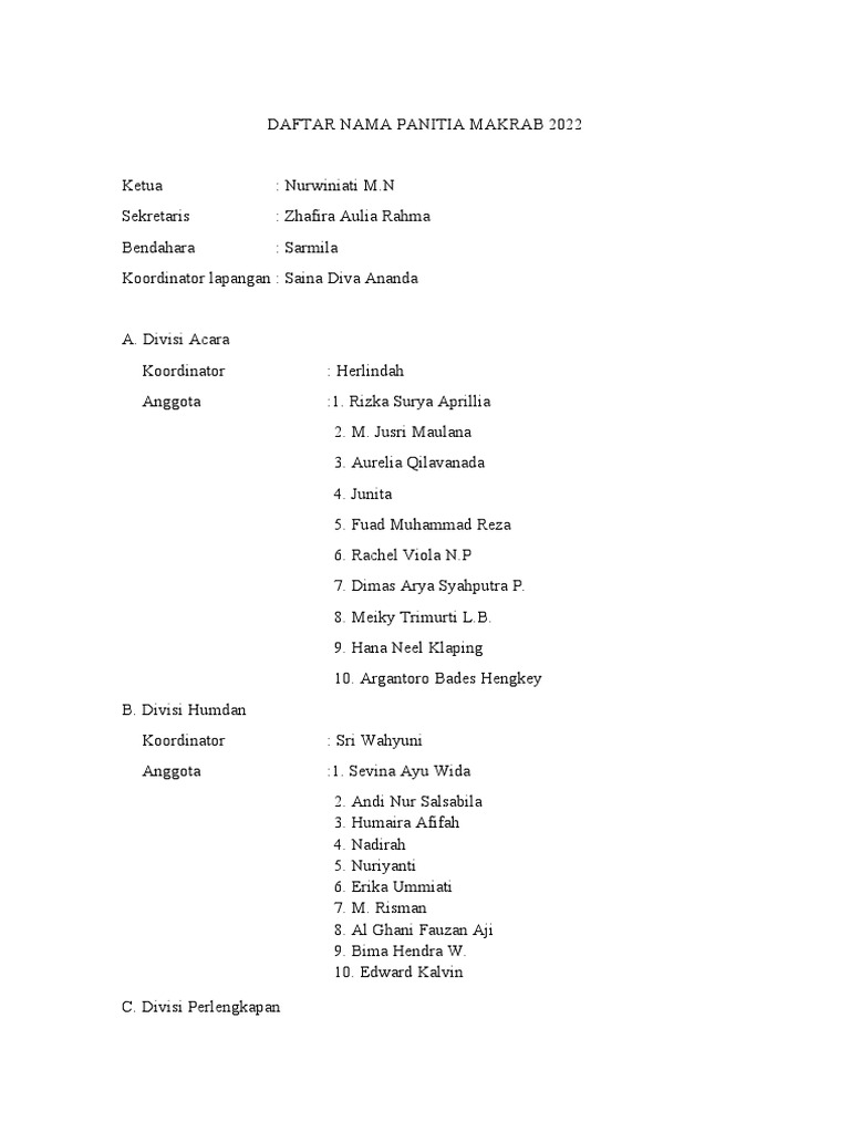Daftar Nama Panitia Makrab 2022 | PDF
