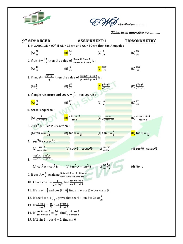 9th Advanced Trigonometry Assignment 1 Pdf Trigonometric Functions