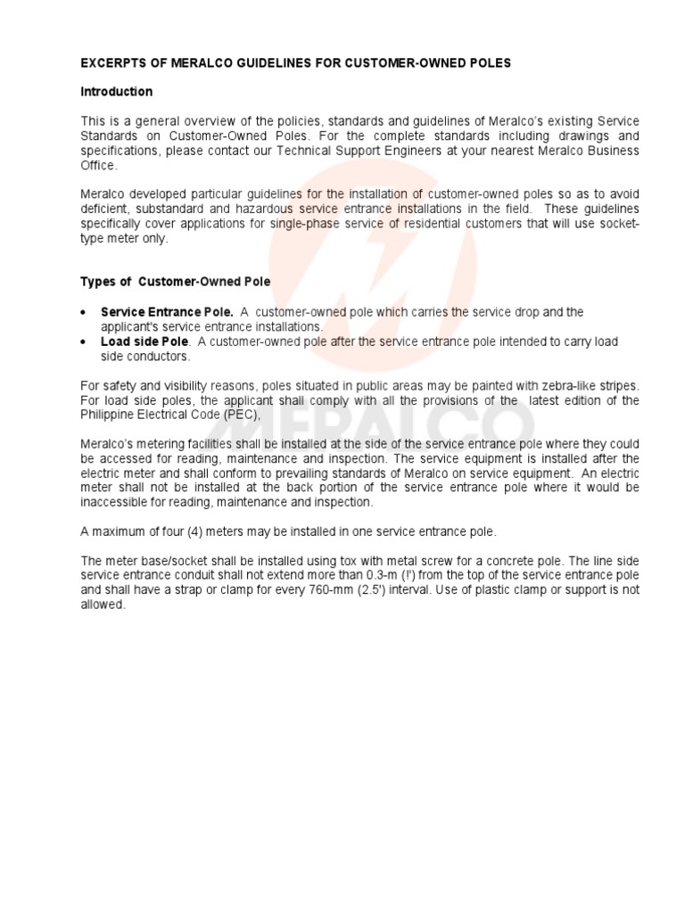 Meralco Service Entrance Pole Guidelines | PDF | Lumber | Concrete