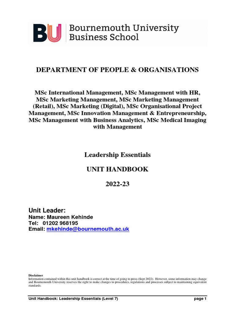 Leadership Essentials Unit Handbook 2022-23 | PDF | Leadership | Theory