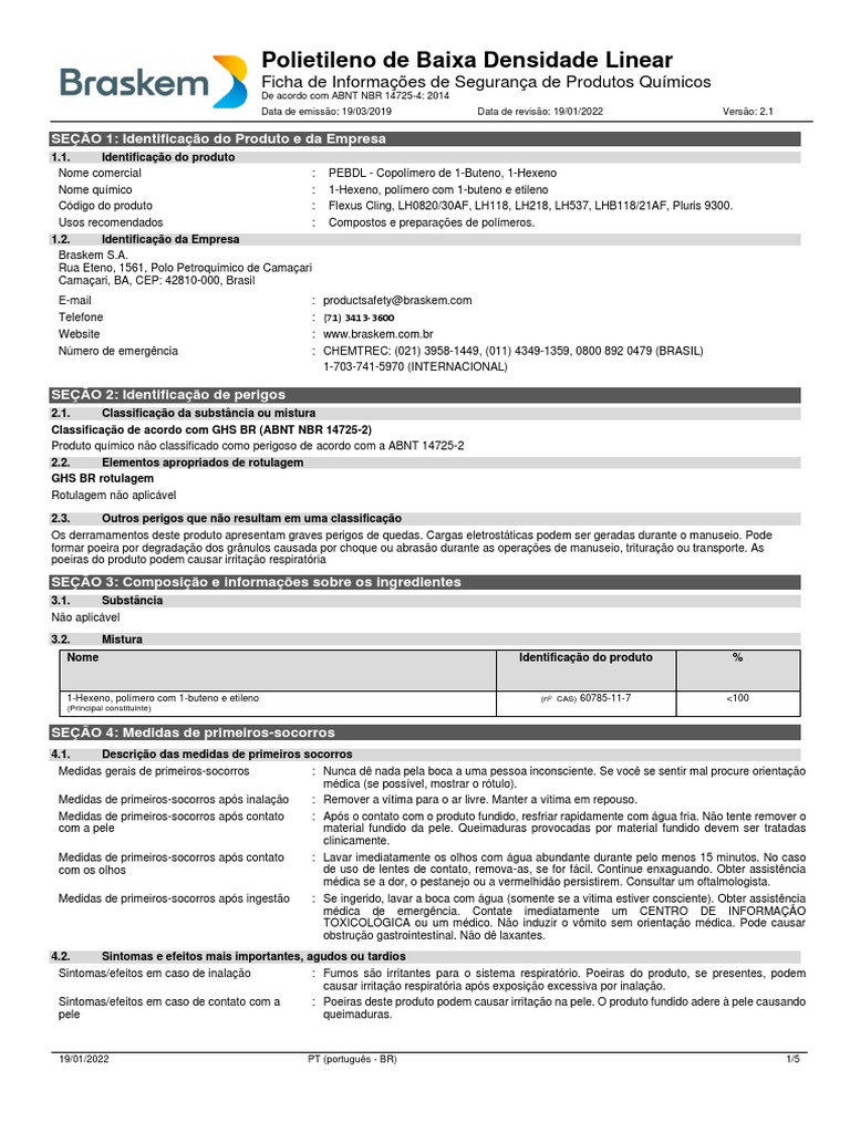 FISPQ - PEBDL Copo 1-Buteno 1-Hexeno - BRA - Portugues | PDF | Primeiros socorros | Desperdício