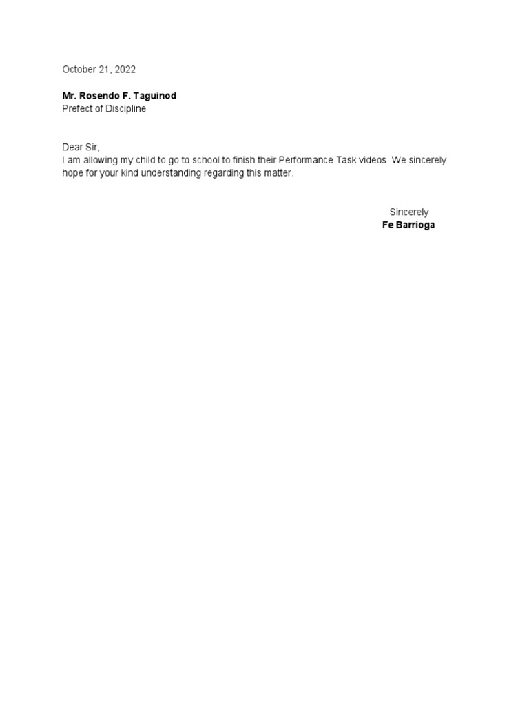 P.E Performance Task Excuse Letter | PDF