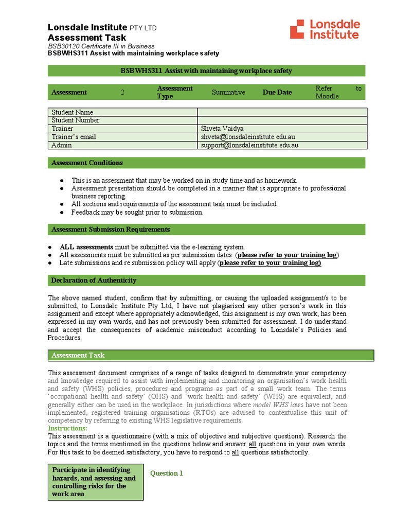 BSBWHS311 Assist With Maintaining Workplace Safety-2 - Insert Your Full ...