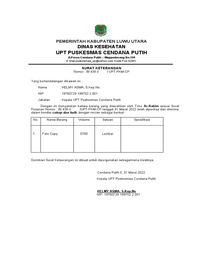 Surat Keterangan Kepala Upt | PDF
