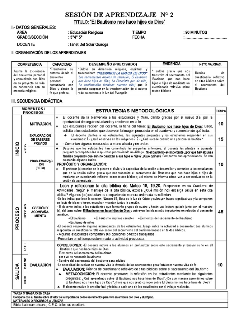 Sesión de Aprendizaje N 2 | PDF | Bautismo | Sacramentos