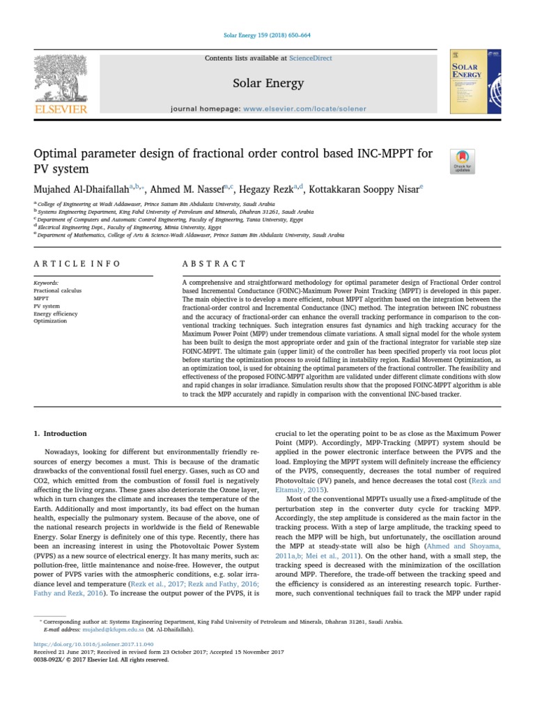 Optimal Parameter Design Of Fractional Order Control Based Inc Mppt For
