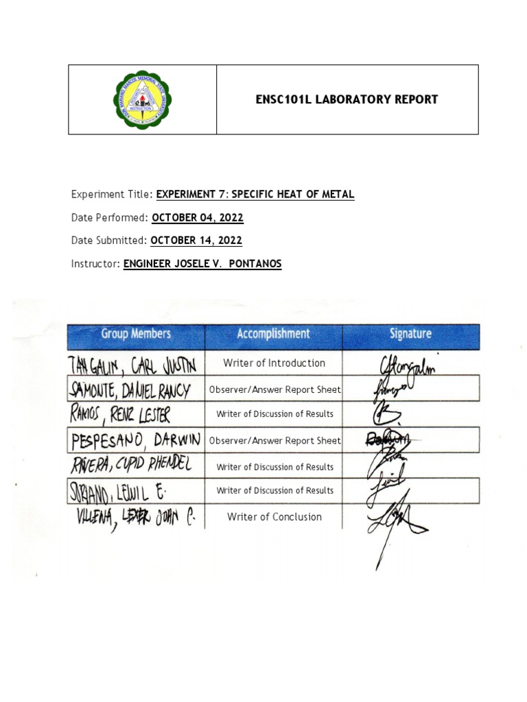 Specific Heat of Metals Lab Report | PDF | Heat | Mole (Unit)