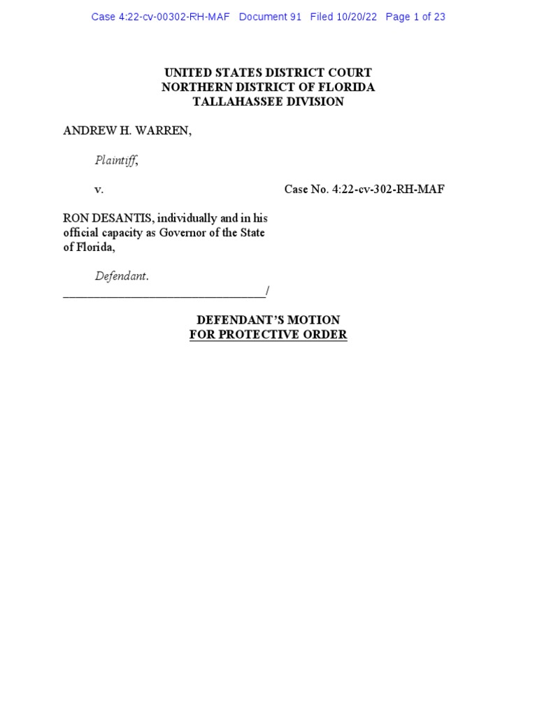 MOTION For Protective Order by RON DESANTIS PDF | PDF | Deposition (Law) | Discovery (Law)