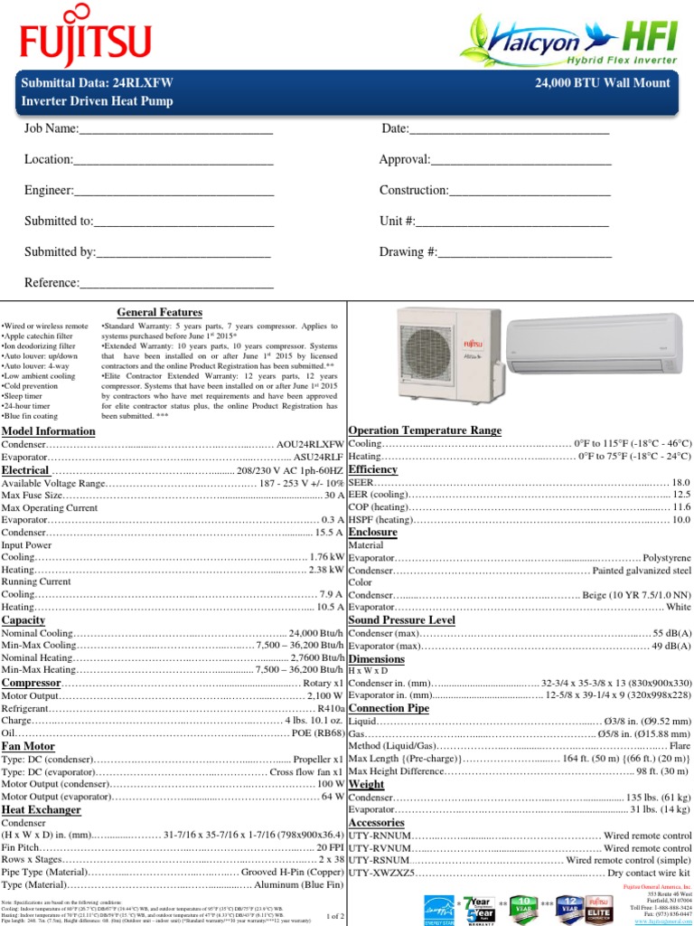 Datasheet 24000 Btu | PDF | Electrical Engineering | Machines