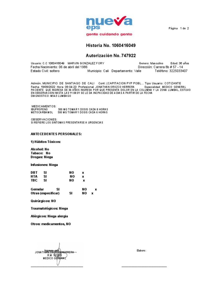 Historia Clinica Nueva Eps | PDF