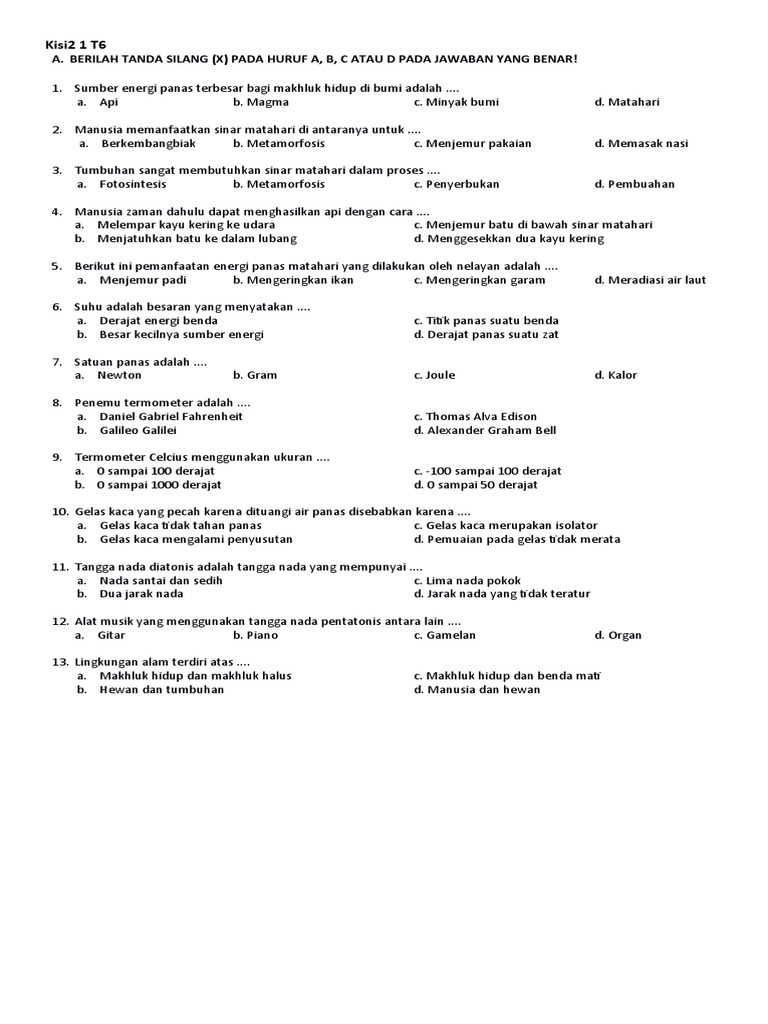 Soal Tematik Kelas 5 SD Tema 6 Subtema 1 Suhu Dan Kalor Dan Kunci Jawaban | PDF | Ilmu Sosial ...