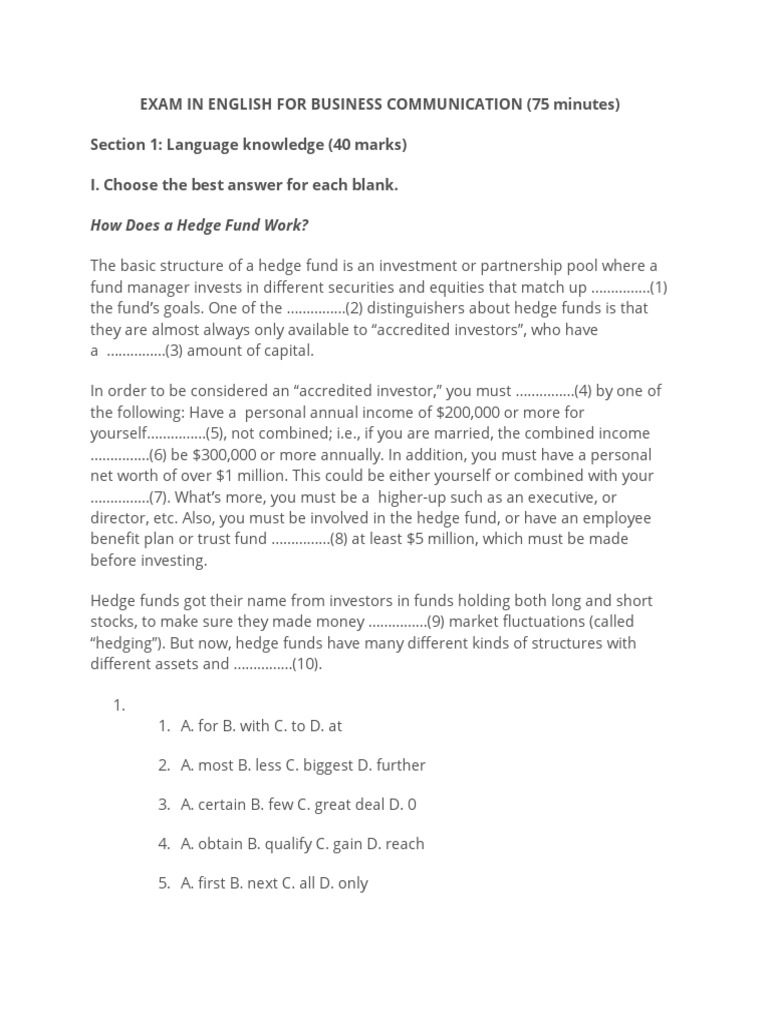 English Exam for Business Communication | PDF | Brand | Hedge Fund