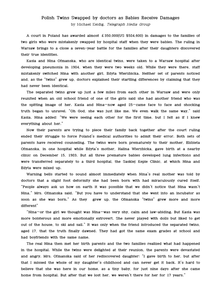 Polish Twins Swapped at Birth Win Damages | PDF