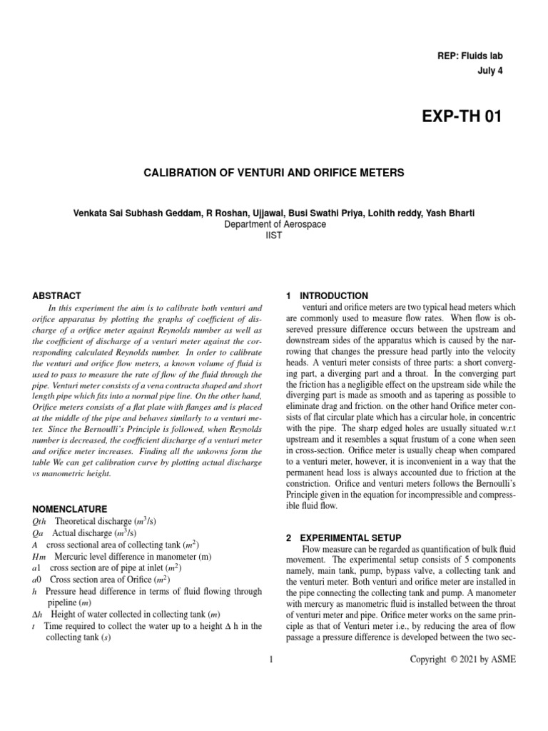 Calibration of Venturi and Orifice Meters | PDF | Flow Measurement ...