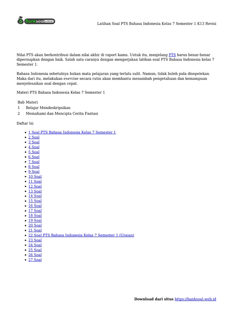 Latihan Soal PTS Bahasa Indonesia Kelas 7 Semester 1 K13 Revisi | PDF