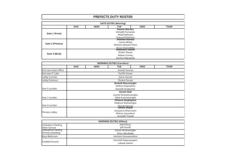 Prefects - Rosters - Morning & Afterschool Duties | PDF