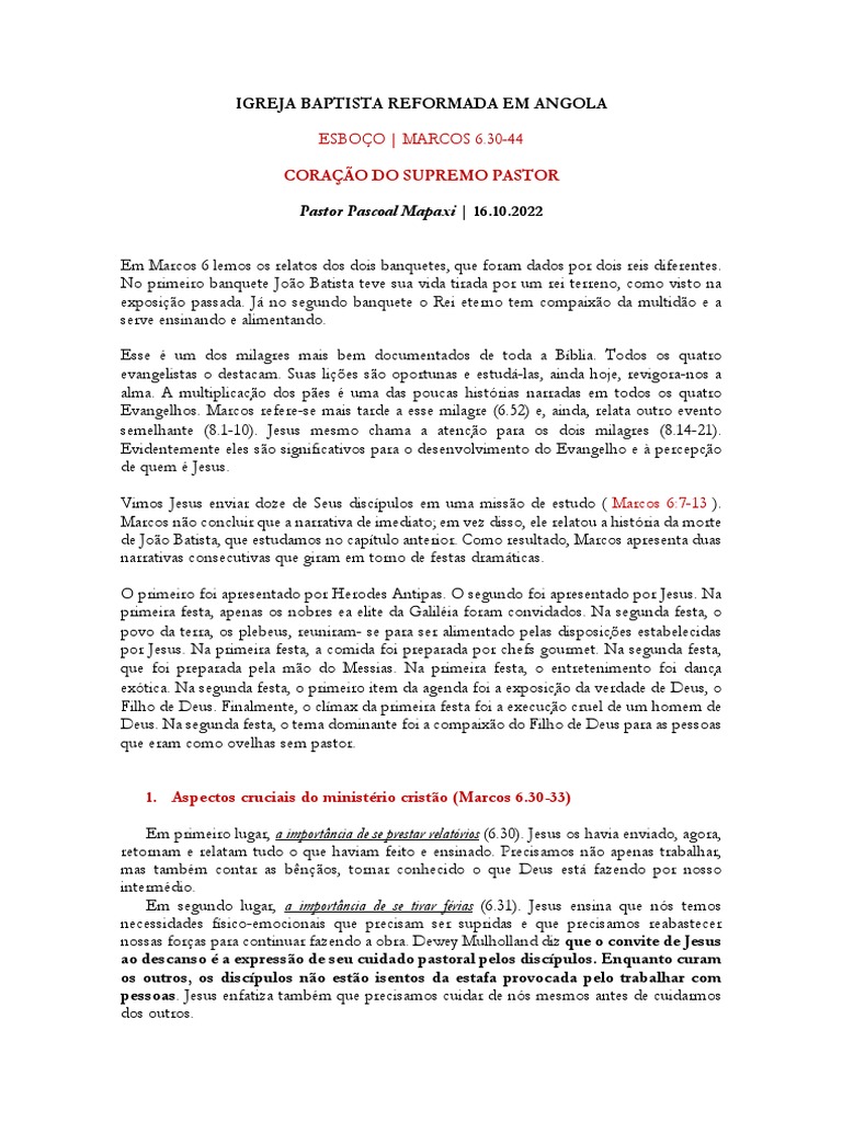 ESBOÇO - Marcos 6.30-44 | PDF | Jesus | Evangelho de Marcos