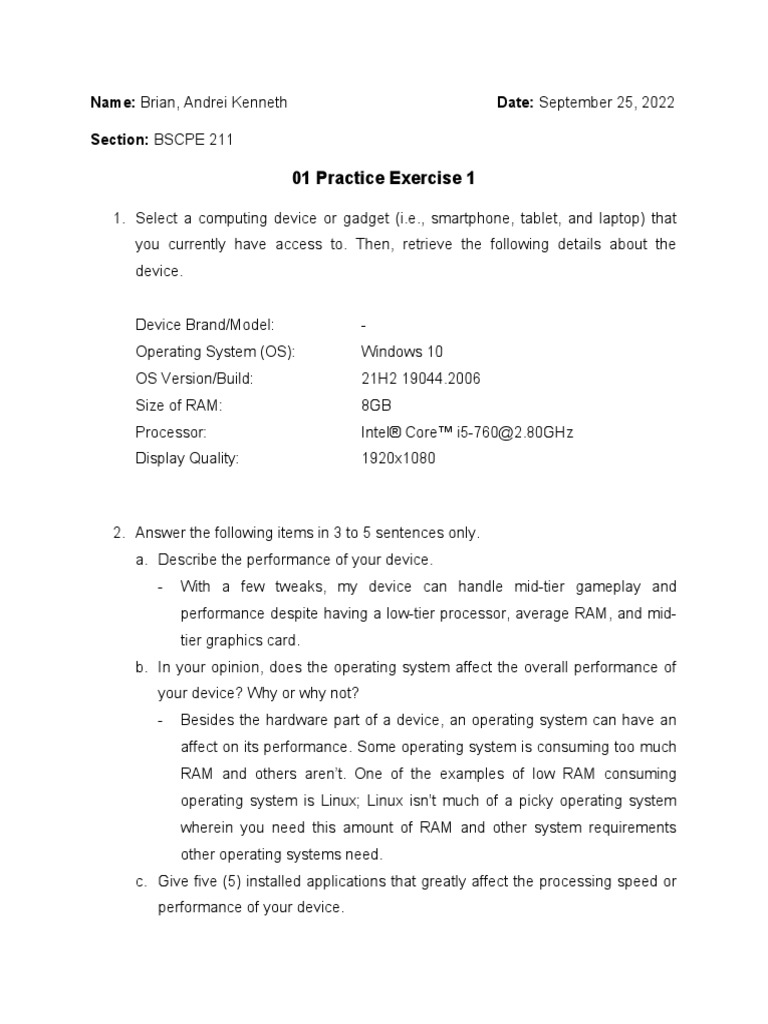 01 Practice Exercise 1 | Download Free PDF | Operating System | Random Access Memory