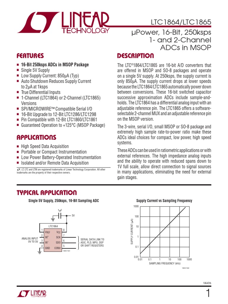 Features Description: Ltc1864/Ltc1865 Μpower, 16-Bit, 250Ksps 1-And 2-Channel Adcs In Msop | PDF ...