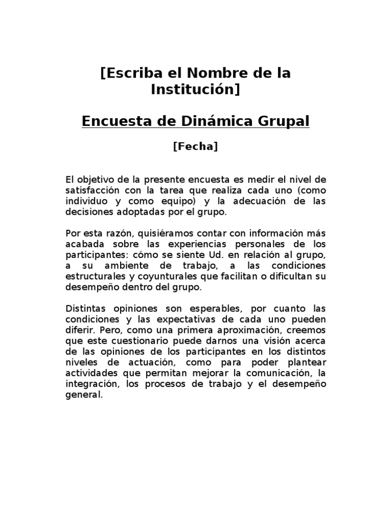 Encuesta de Dinámica Grupal | Descargar gratis PDF | Toma de decisiones ...