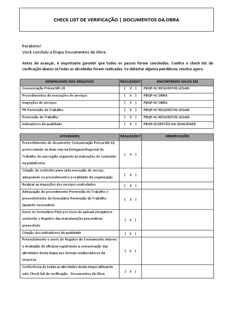 Check list de verificação - Documentos da Obra | PDF | Qualidade ...