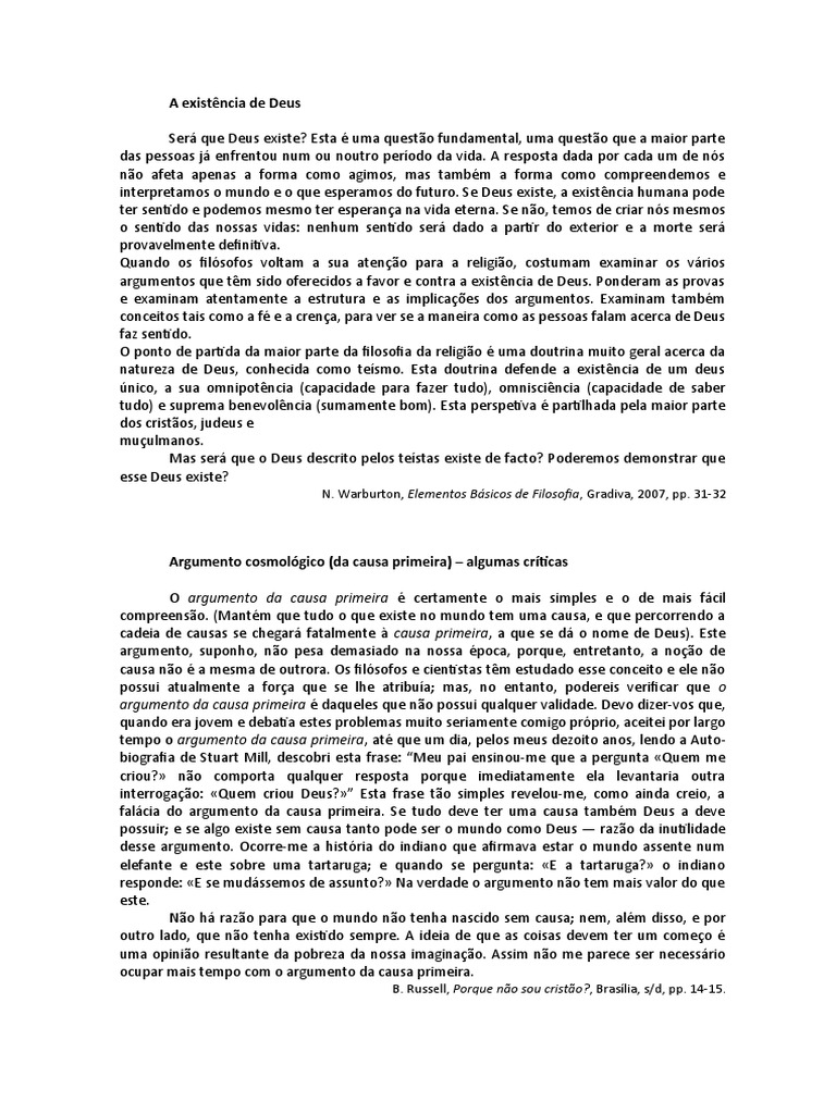 Arg Cosmológico, Do Desígnio e Ontológico | PDF | Deus | Existência de Deus