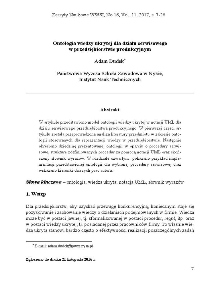 Ontologia Wiedzy Ukrytej Dla Dzialu Serwisowego W Przedsiebiorstwie ... Ontologia Wiedzy Ukrytej Dla Dzialu Serwisowego W Przedsiebiorstwie ...