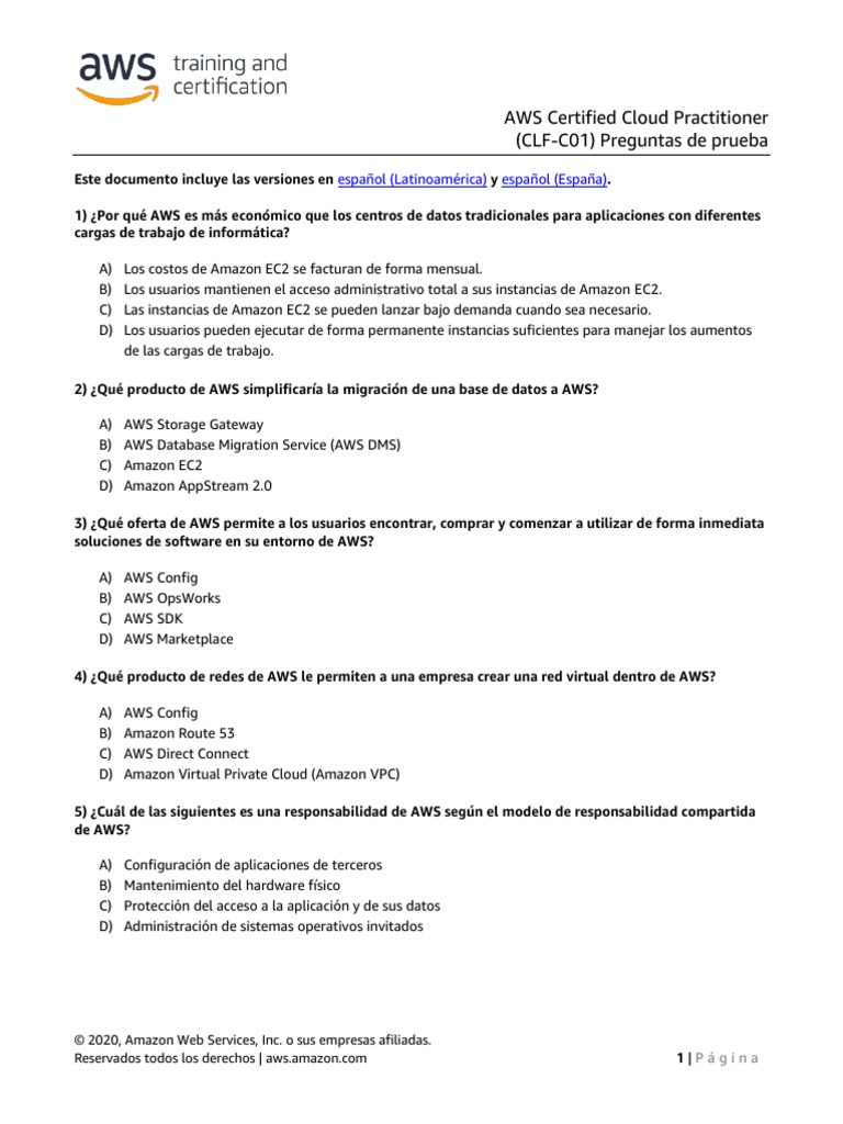 Preguntas de muestra del examen de certificación AWS Cloud Practitioner con respuestas | PDF ...