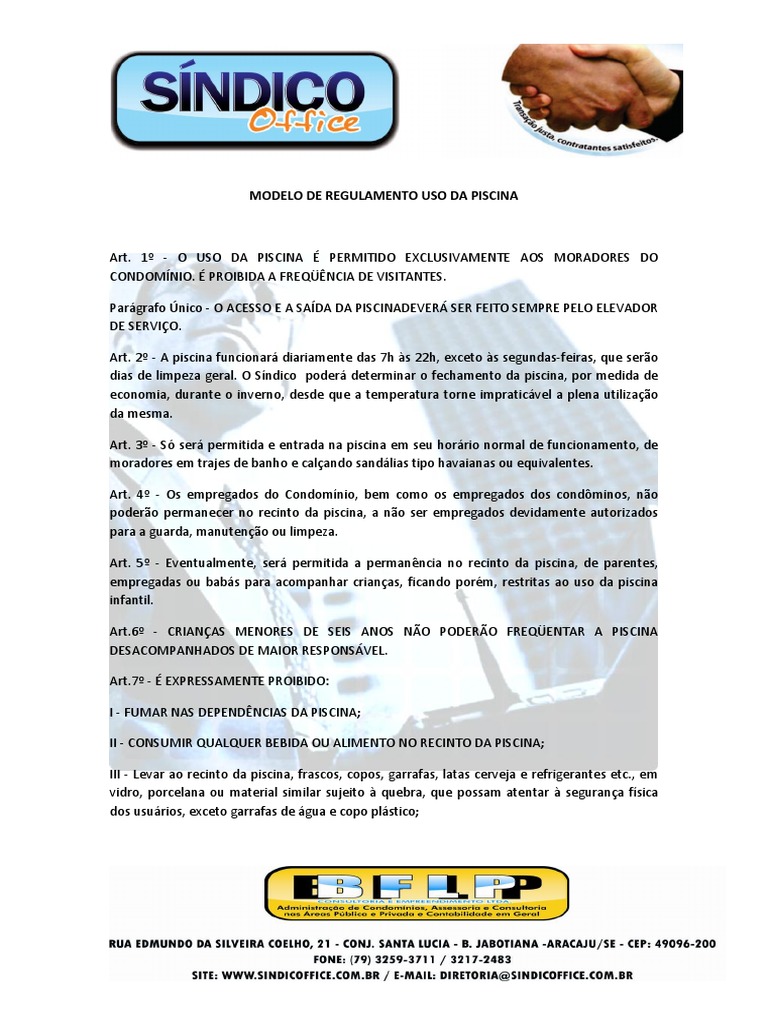 Regulamento de uso da piscina do condomínio estabelece regras e penalidades para garantir a ...
