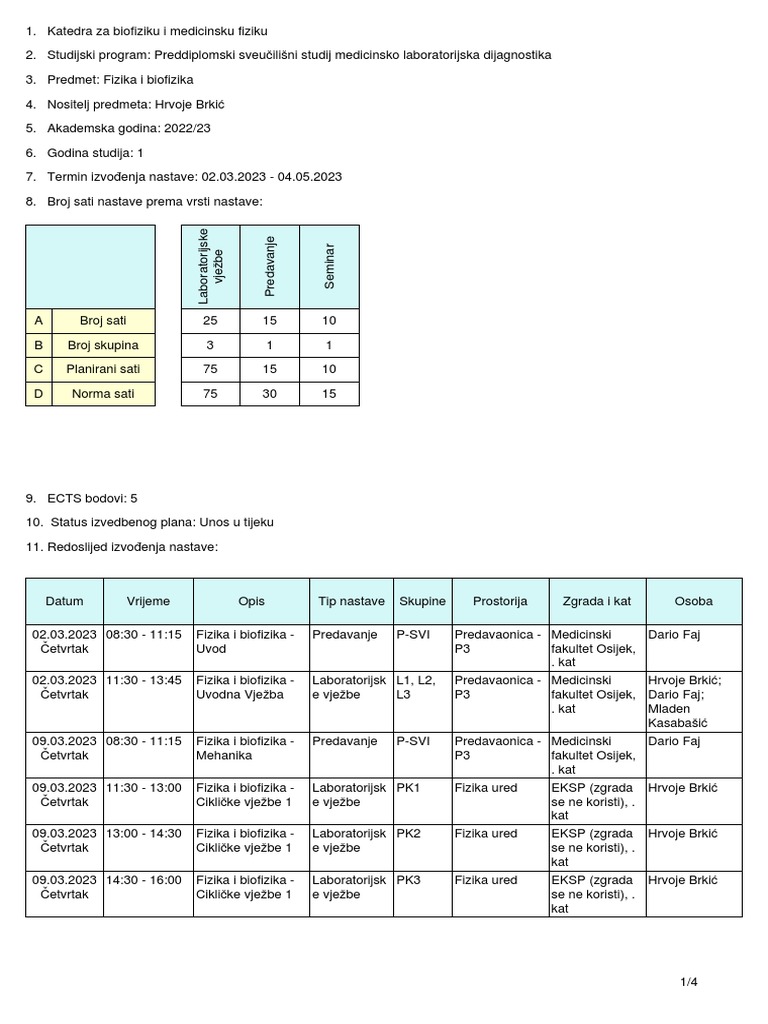 Izvedbeni - Plan - Fizika I Biofizika-1 - Kopija | PDF