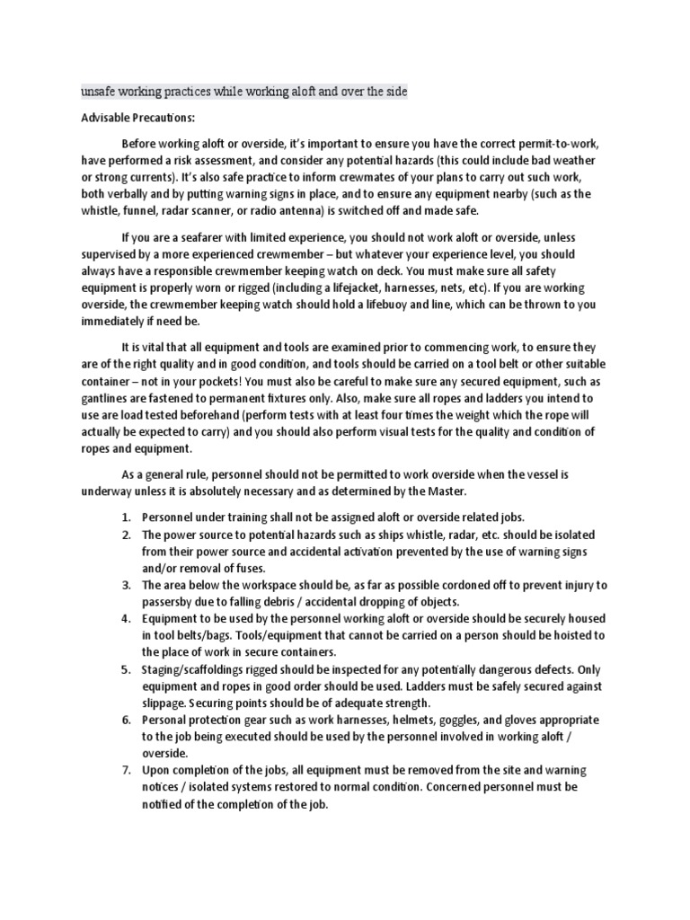 Unsafe Working Practices While Working Aloft and Over The Side ...