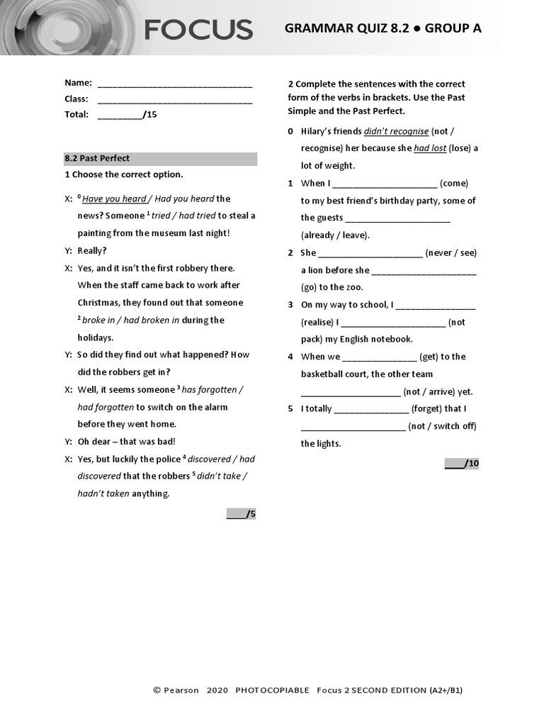 Focus2 2E Grammar Quiz Unit8 2 GroupA | PDF | Linguistic Morphology | Syntax