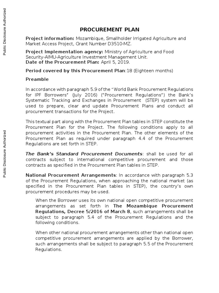 Mozambique Agriculture Procurement Plan | PDF | Procurement | Market Access