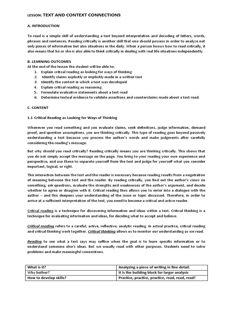 Text and Context Connection | PDF | Critical Thinking | Social Media