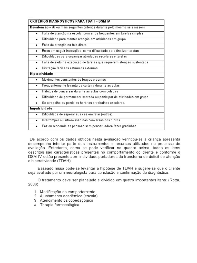 Critérios Diagnósticos para TDAH - DSM IV | PDF | Transtorno de déficit ...