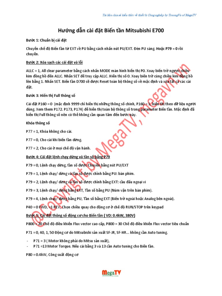 Hướng dẫn cài đặt Biến tần Mitsubishi E700 Tiếng Việt | PDF