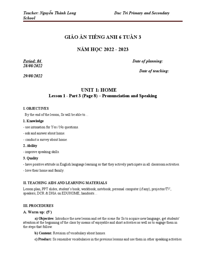 Lesson Plan Class 6 English