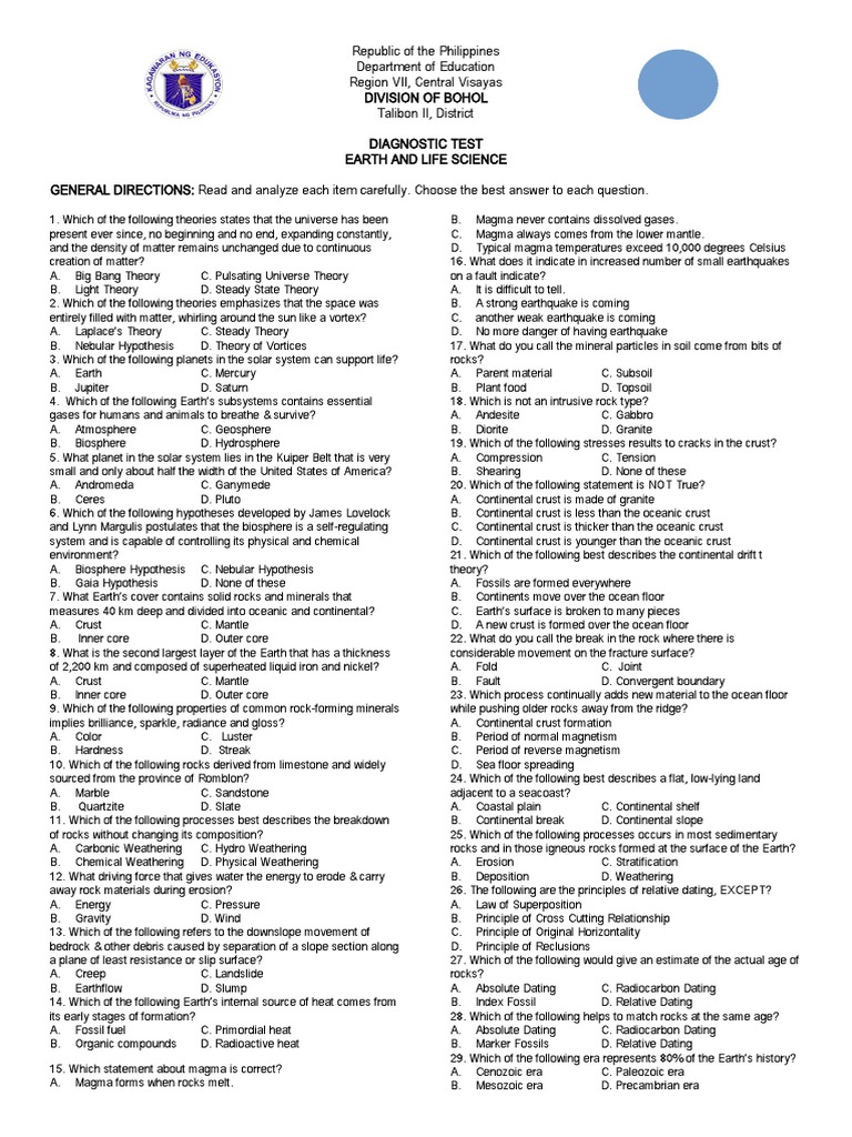 Diagnostic Test | PDF | Rock (Geology) | Earth