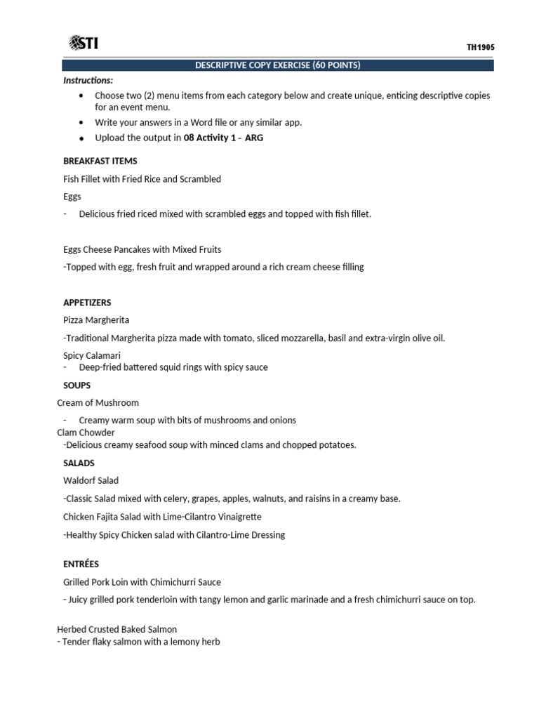 Event Menu Descriptive Copy Exercise | PDF | Food And Drink | Cuisine