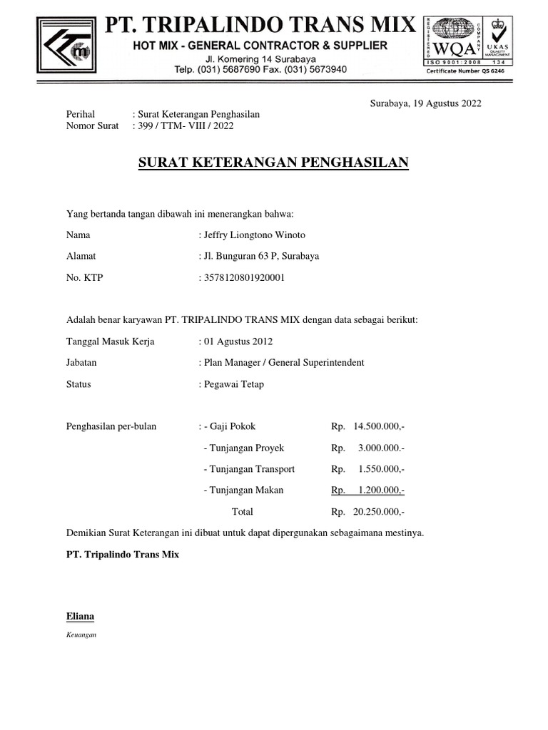 Gaji Karyawan PT Tripalindo Trans Mix | PDF | Pengelolaan Keuangan & Uang