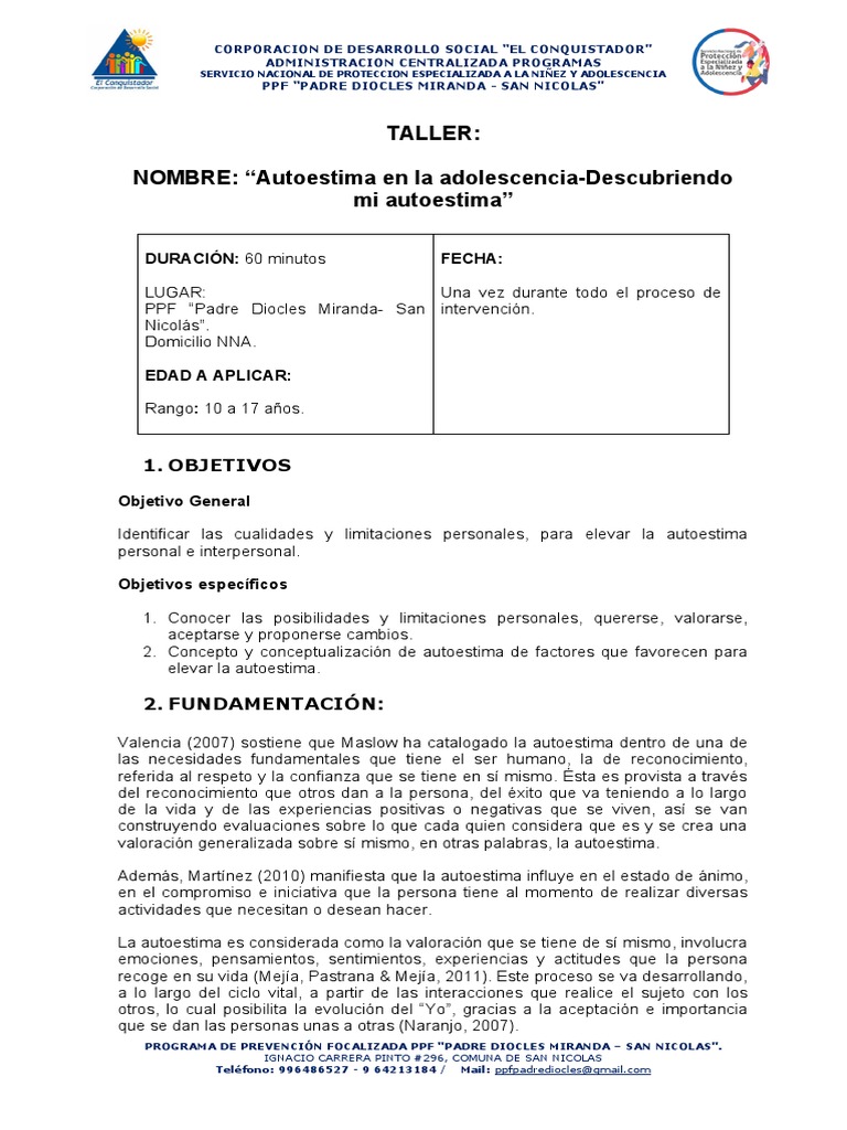 Planificación Taller - La Autoestima-Descubriendo Mi Autoestima | PDF | Autoestima | Adolescencia