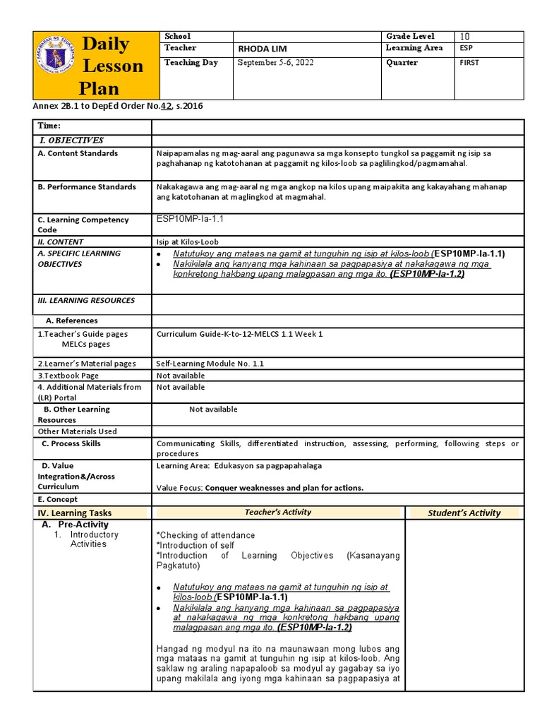 ESP 10 - Q1 WK 1 | PDF