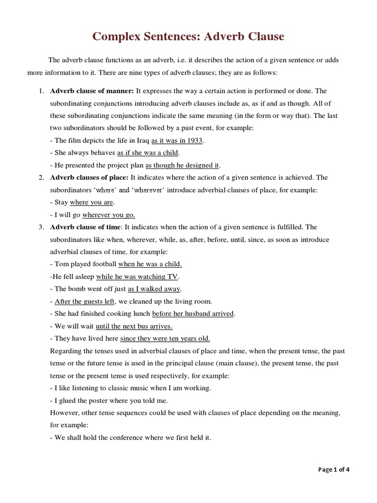 Classification and Uses of the Nine Types of Adverb Clauses | PDF ...