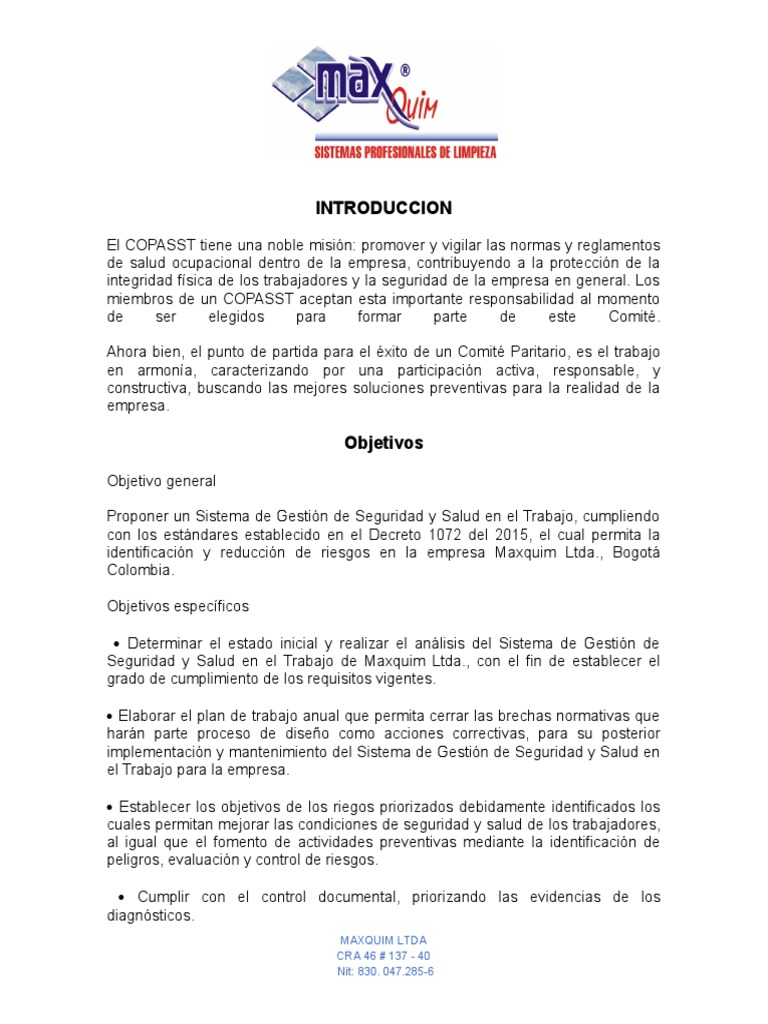 Plan de Trabajo para el COPASST en Maxquim | PDF | Seguridad y salud ...
