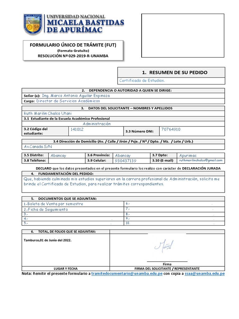 Fut Unamba Certificado de Estudios | PDF