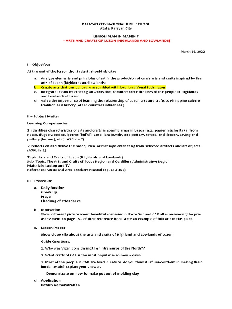 Semi Detailed LP in Arts 2021-22 | PDF